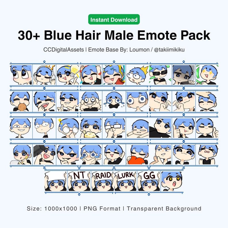 30+ Blue Hair Male Chibi Emotes | Streamer Pack (digital Download) - Etsy