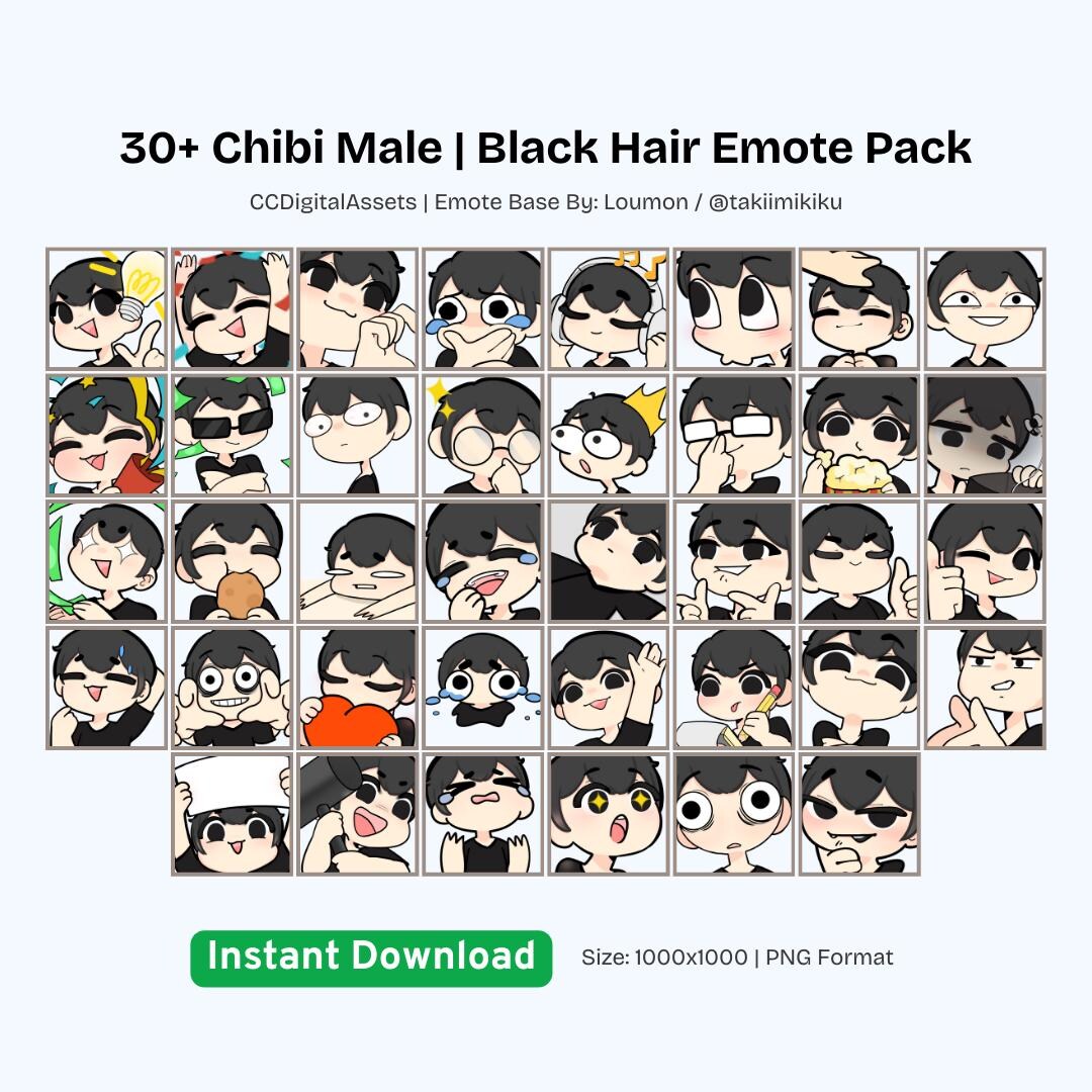 30+ Black Hair Boy Emotes | Male Chibi Emote Set for Twitch, Discord ...