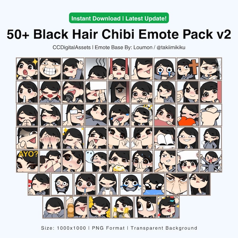50+ V2 Black Hair Girl Emotes | Female Chibi Emote Set for Twitch ...