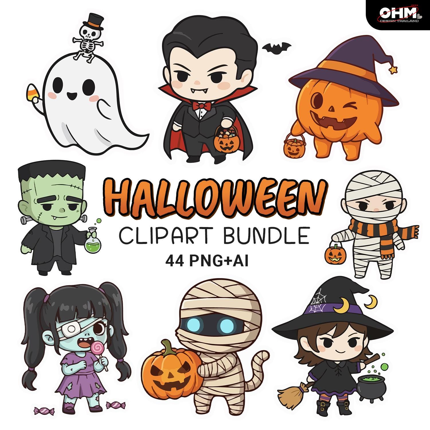 Kawaii Halloween Clipart Bundle: 44 Spooky Cartoon Characters (PNG, AI ...