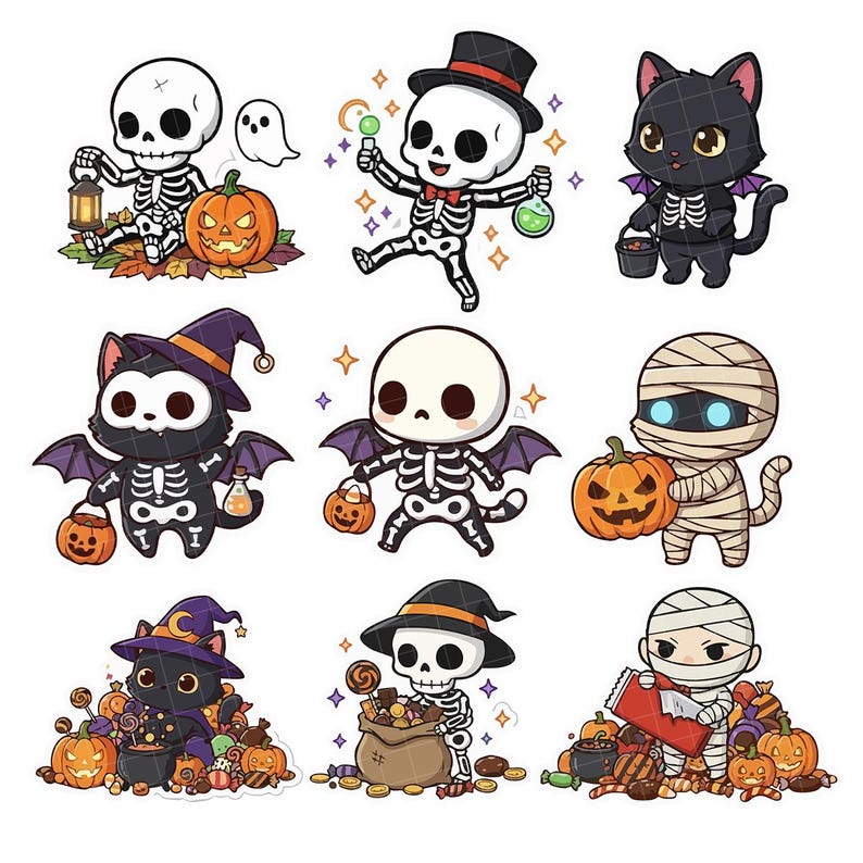 Kawaii Halloween Clipart Bundle: 44 Spooky Cartoon Characters (PNG, AI ...