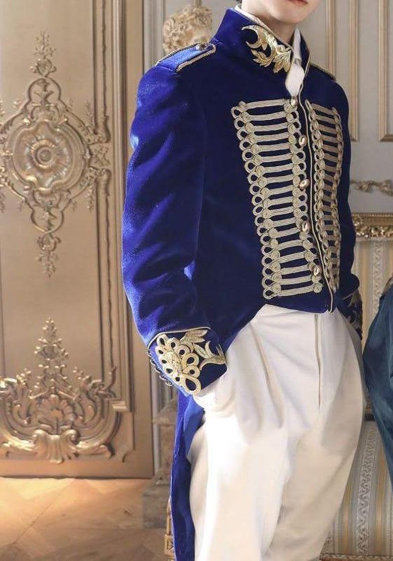 Royal Blue Velvet Prince Jacket: Gold Embroidered Military Tailcoat ...