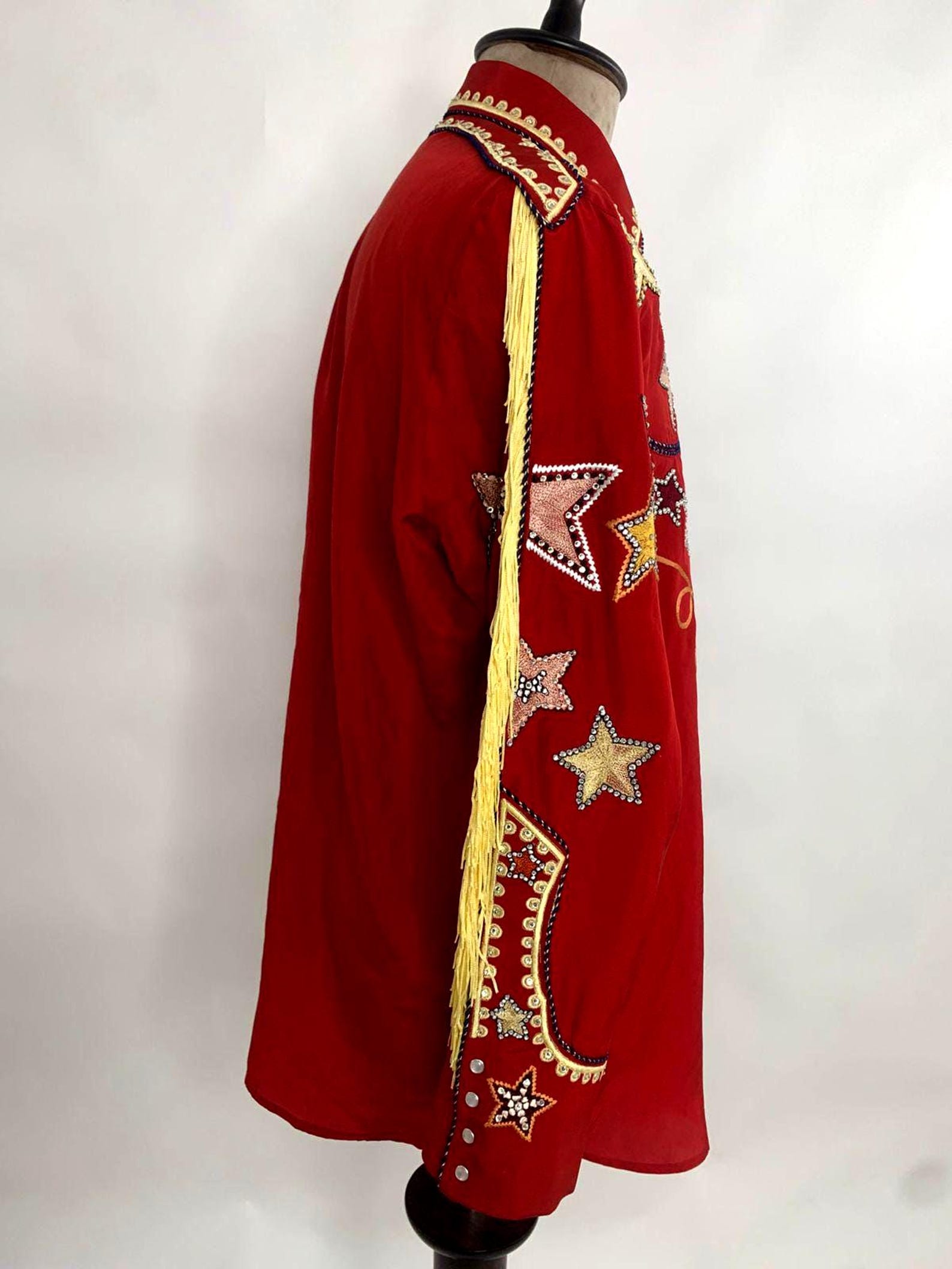 Men's Red Western Shirt: Vintage Rodeo Star Fringe, Rhinestone Bling - Etsy