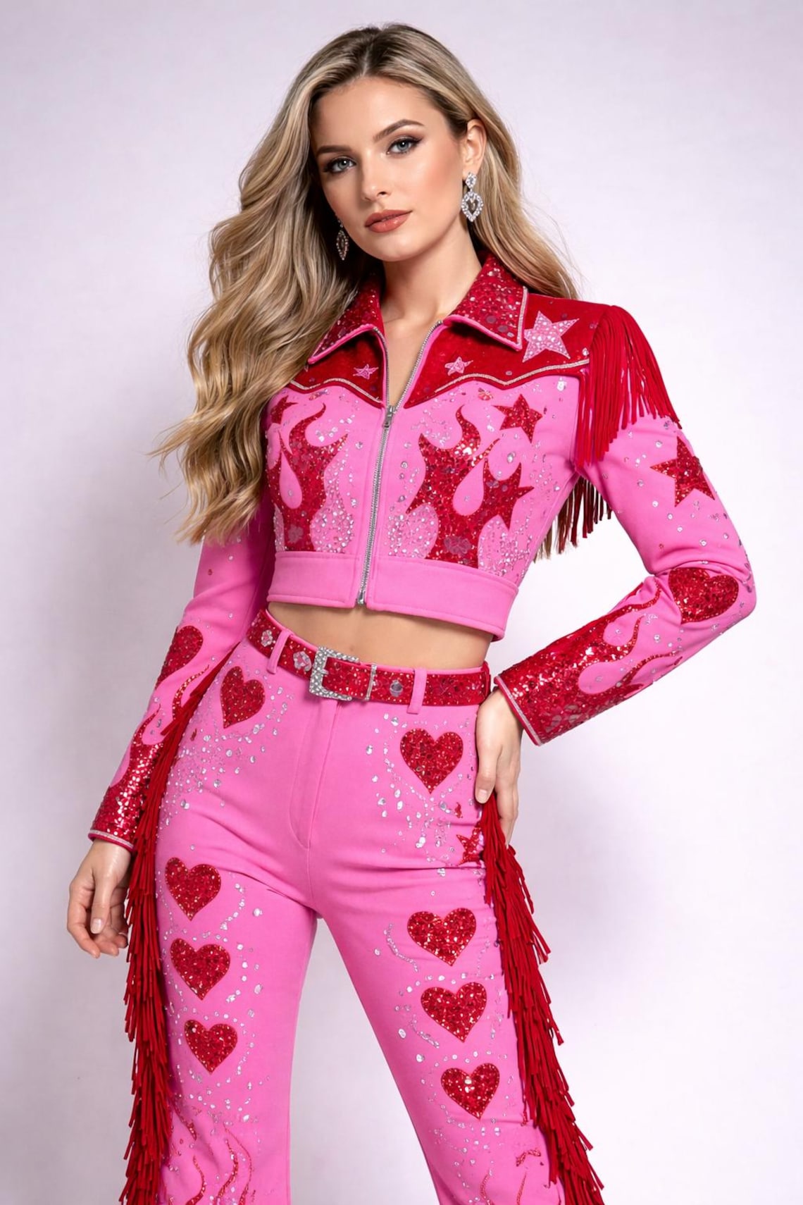 Pink Cowgirl Sparkle Outfit for Women | Western Fringe Jacket & Flared ...