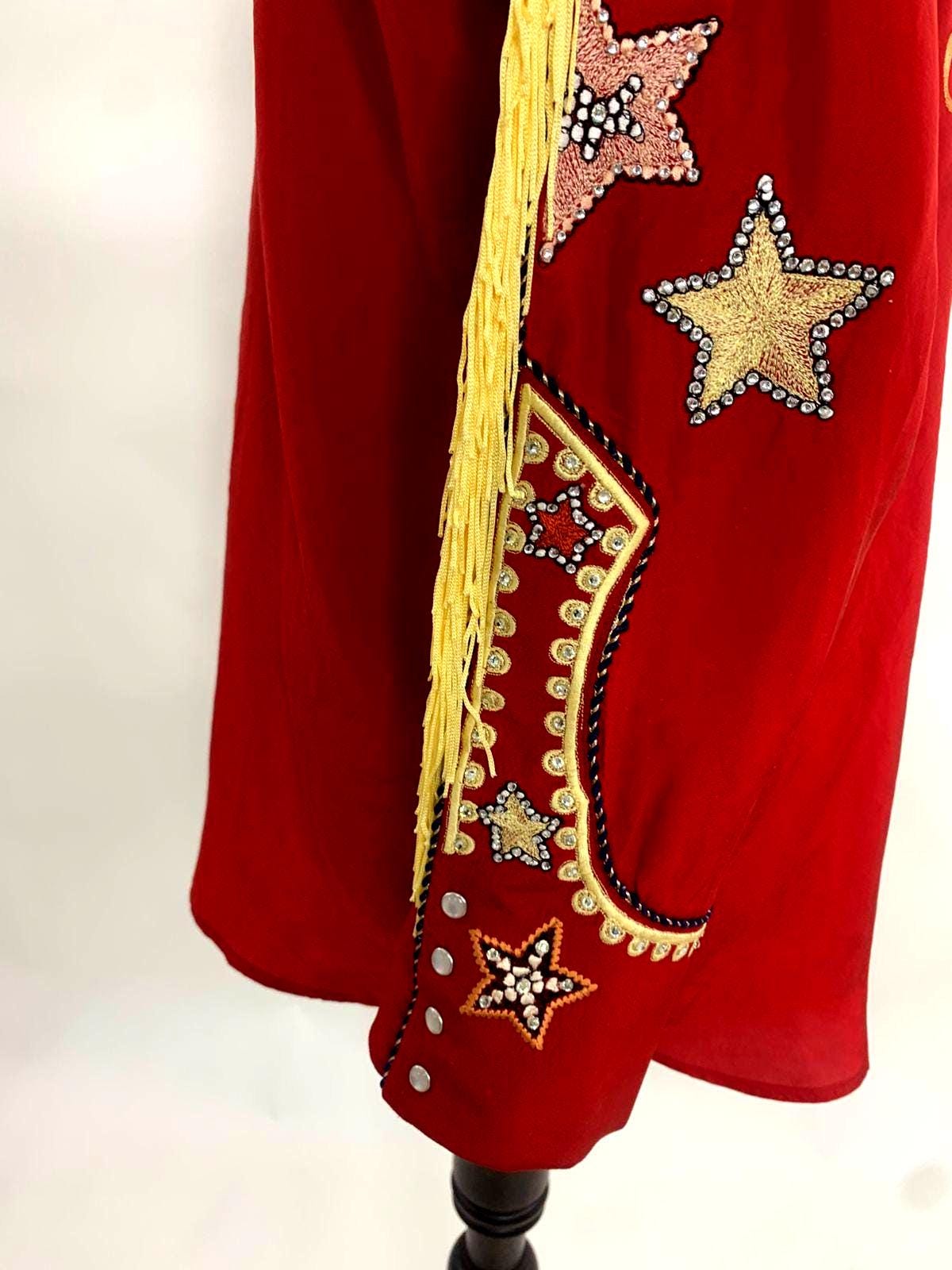Men's Red Western Shirt: Vintage Rodeo Star Fringe, Rhinestone Bling - Etsy
