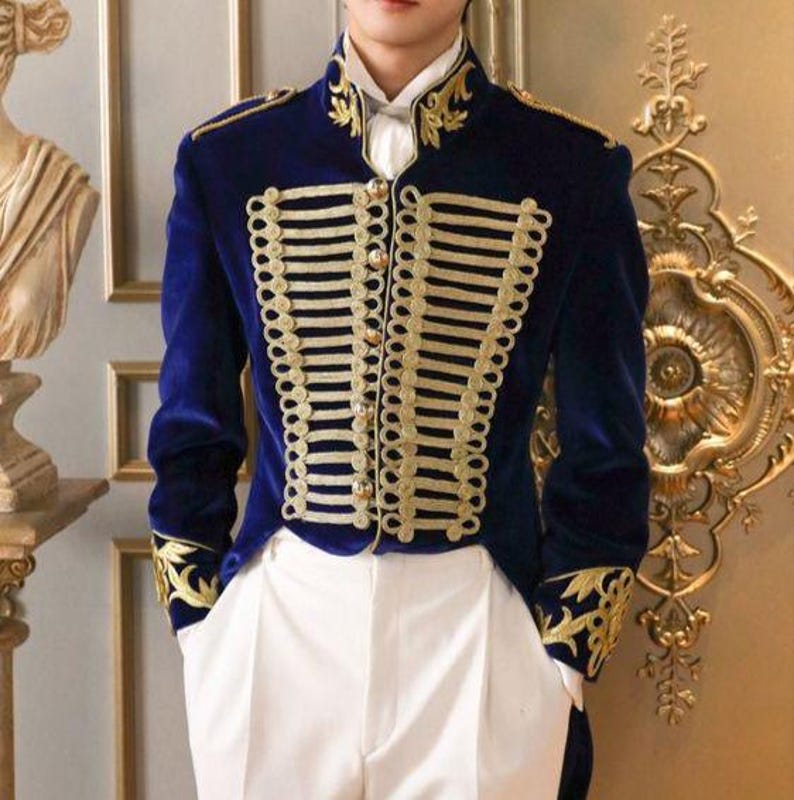 Royal Blue Velvet Prince Jacket: Gold Embroidered Military Tailcoat ...