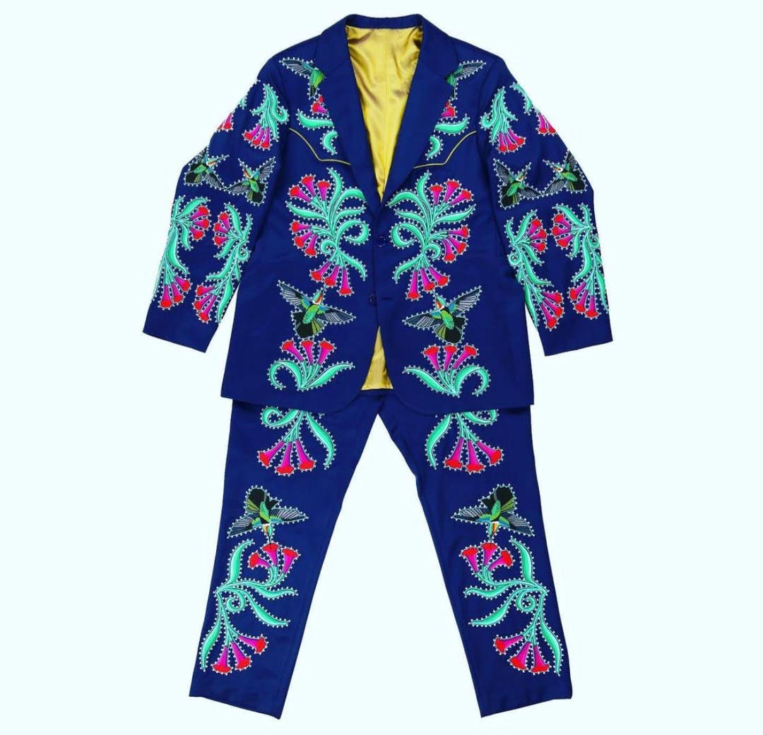 Men's Hand-embroidered Royal Blue Floral Suit Set Hummingbird & Nature ...