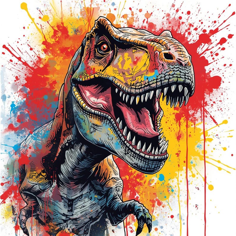 Colorful T-rex Dinosaur Wall Art | Graffiti Watercolor Splash Print ...