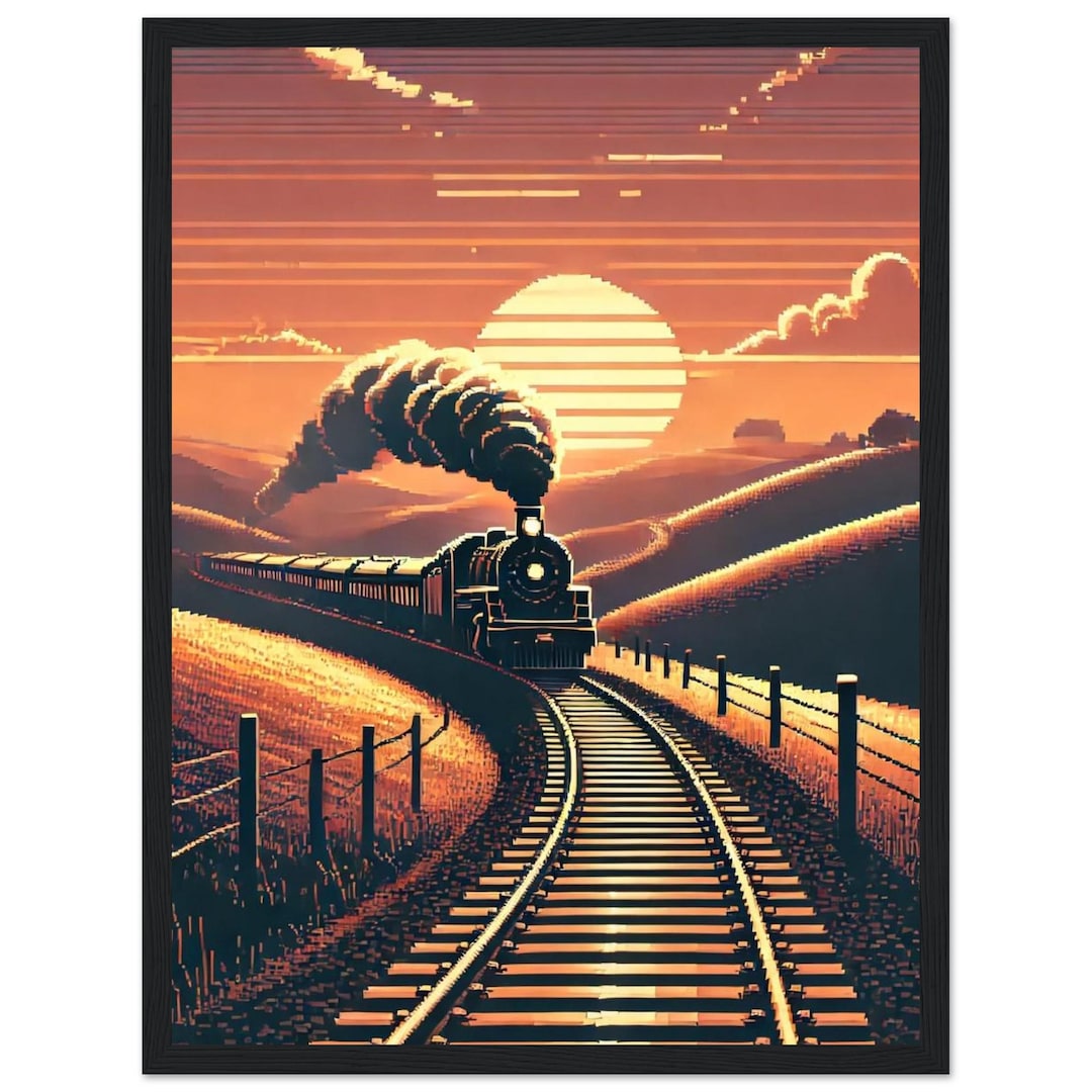 Pixel Art Steam Train at Sunset – Vintage Locomotive on Rolling Hills ...