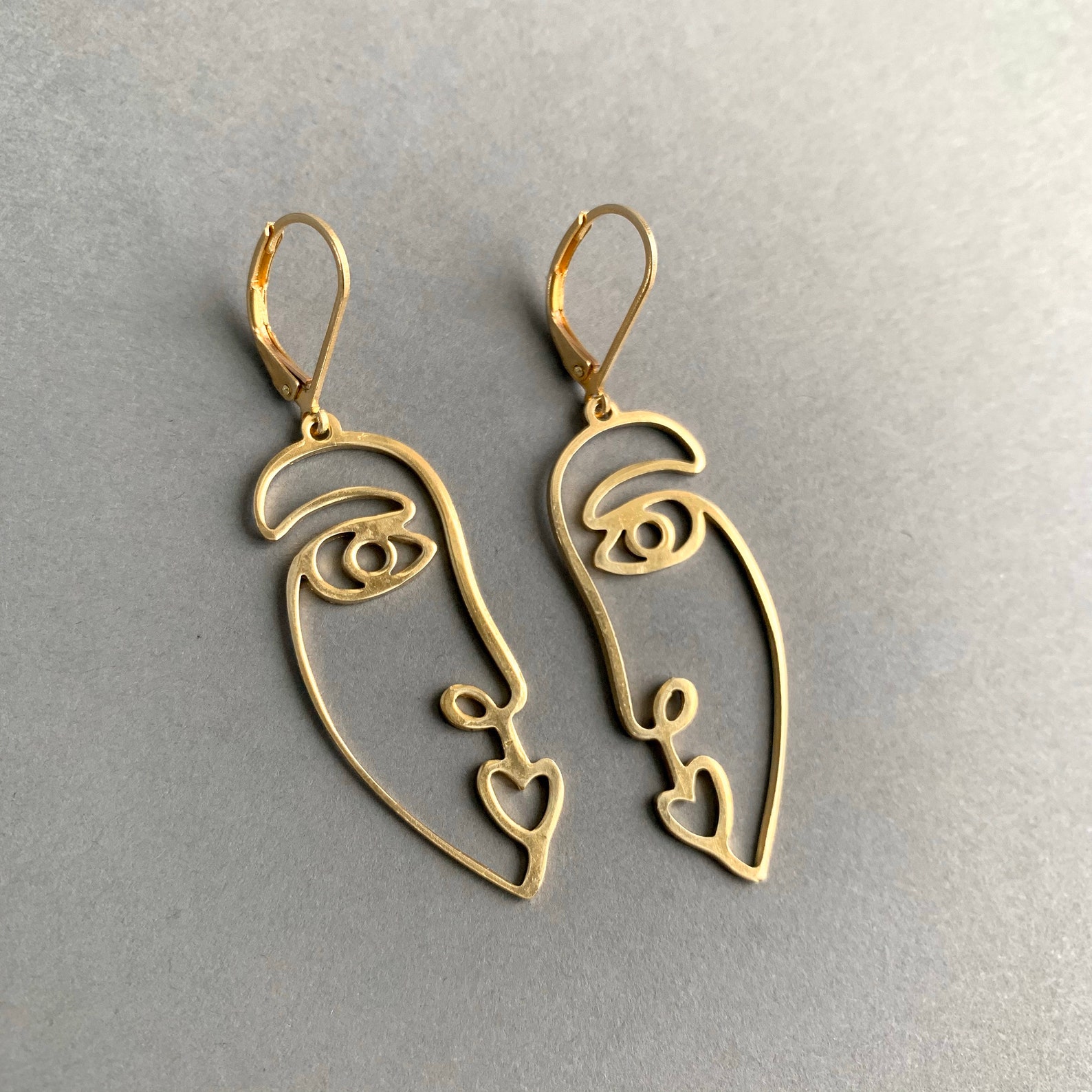 Gold Picasso Face Earrings Brass Geometric Gold Wink Earrings - Etsy