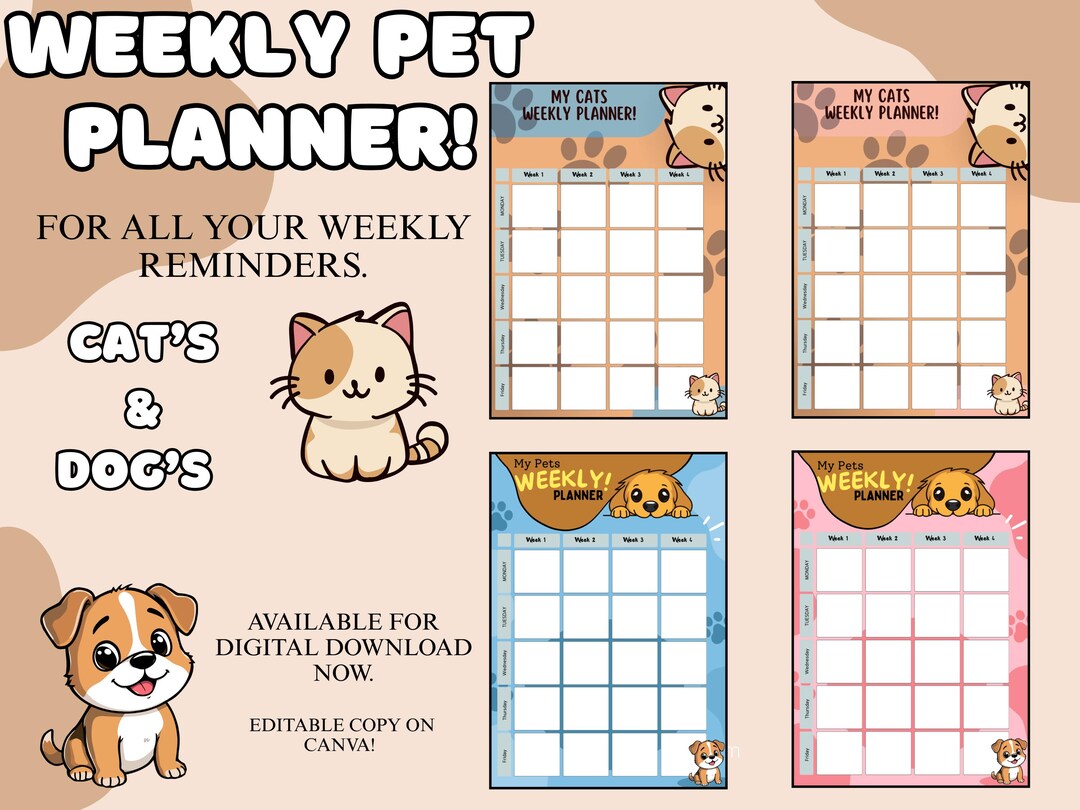 Printable Dog Planner, Pet Chores Tracker, Weekly Pet Reminder, Dog ...