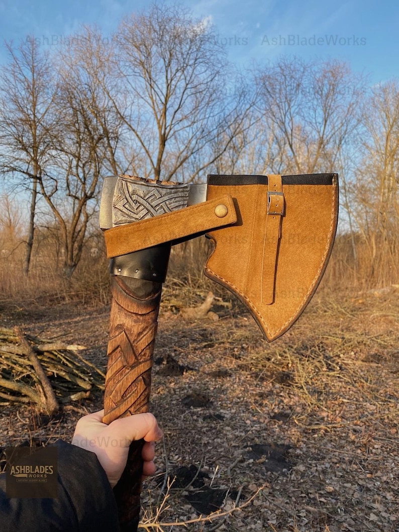 Handcrafted Large Viking Axe With Celtic Knot Engraved Head and Carved ...