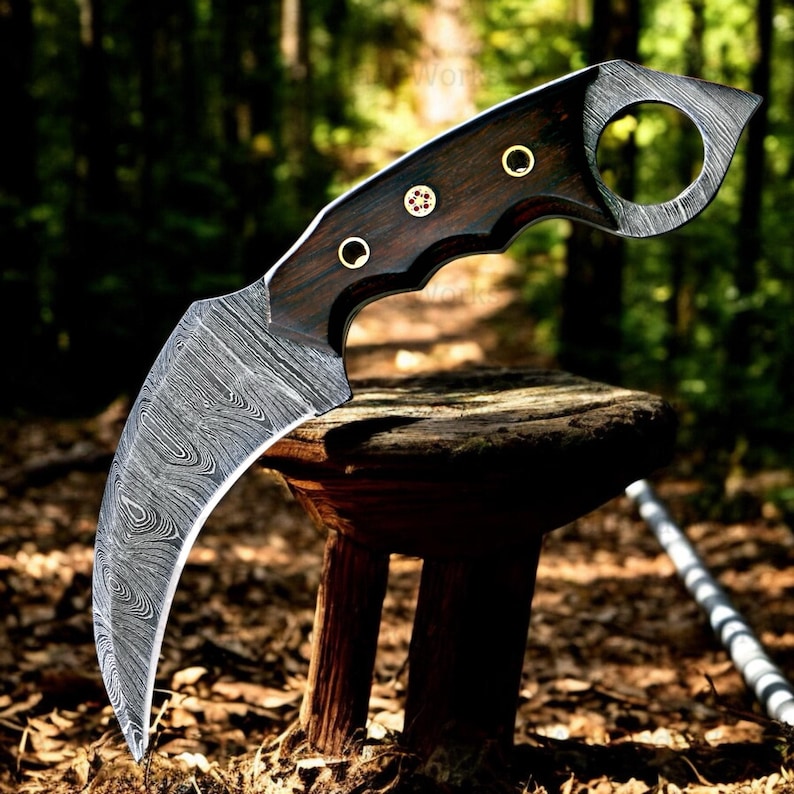 Handmade Damascus Steel Karambit Knife : Pakka Wood Handle , Leather ...