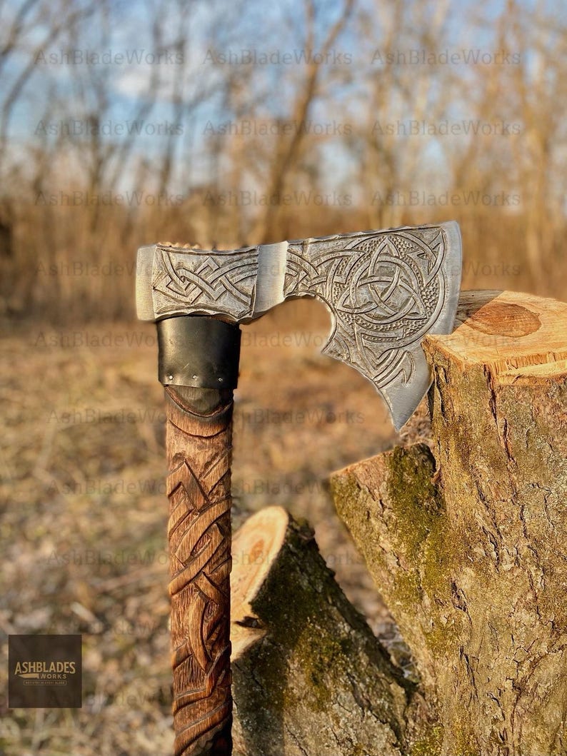 Handcrafted Large Viking Axe With Celtic Knot Engraved Head and Carved ...