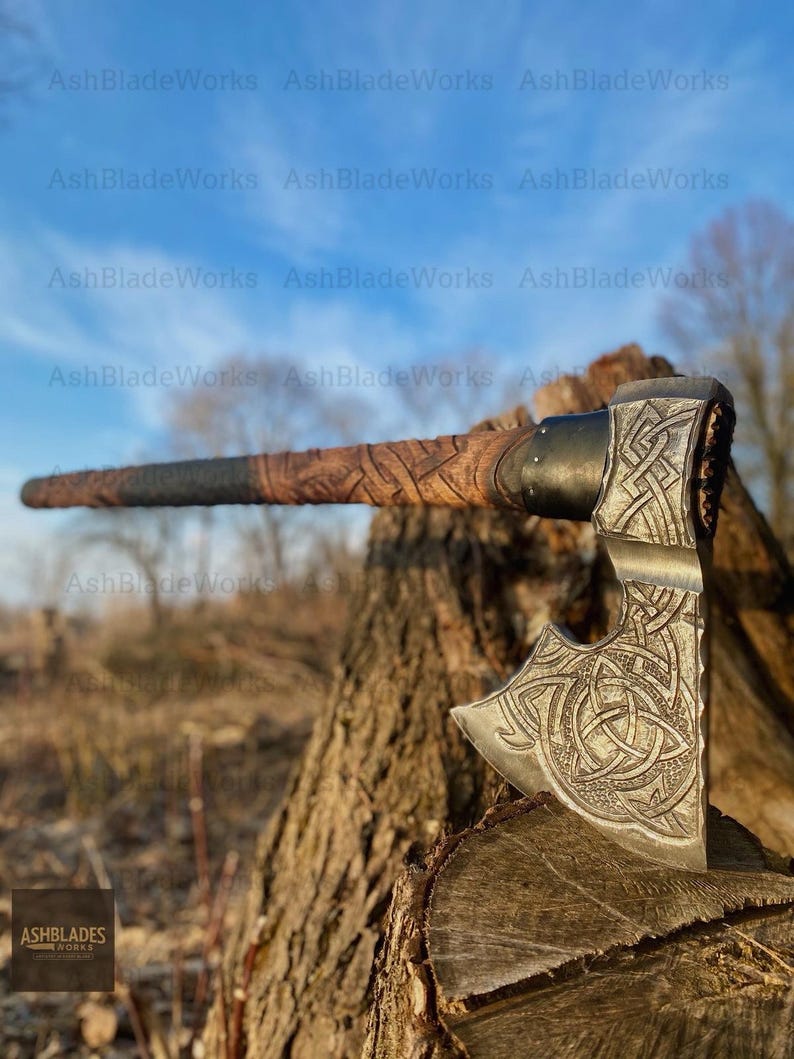 Handcrafted Large Viking Axe With Celtic Knot Engraved Head and Carved ...