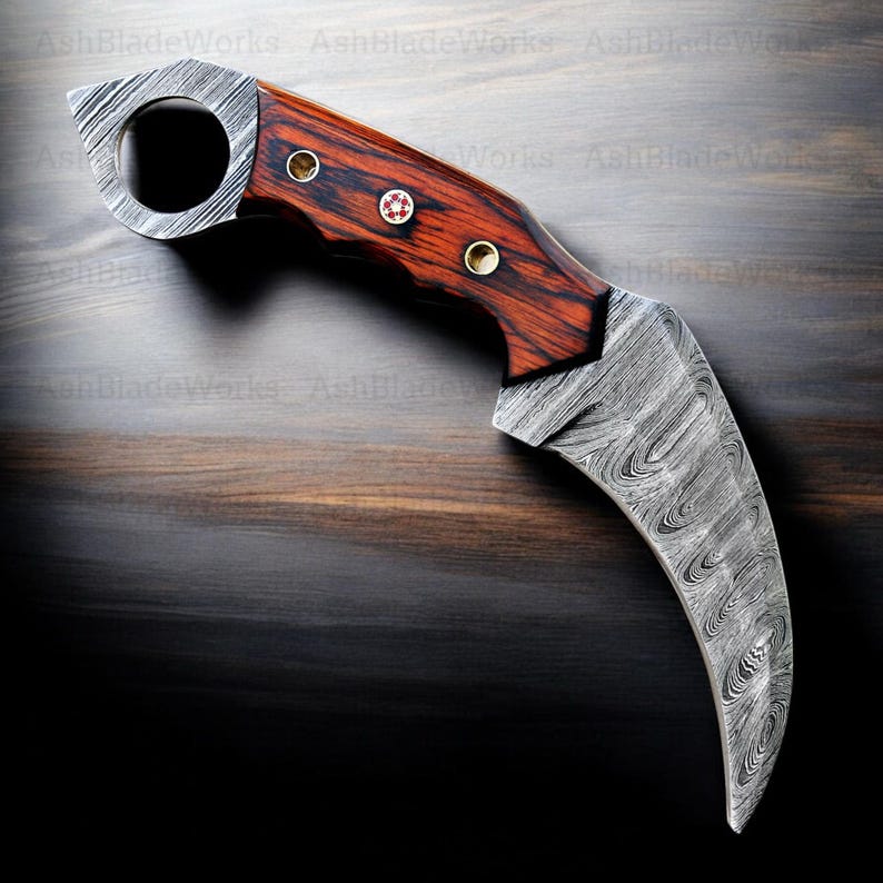 Handmade Damascus Steel Karambit Knife : Pakka Wood Handle , Leather ...