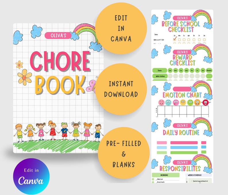 Editable Kids Chore Chart Bundle, Kids Daily Checklist, Emotion Chart ...