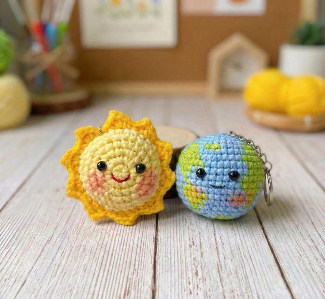 Sun and Earth Crochet Keychain Set: Amigurumi Planet Bag Charm, Cotton ...