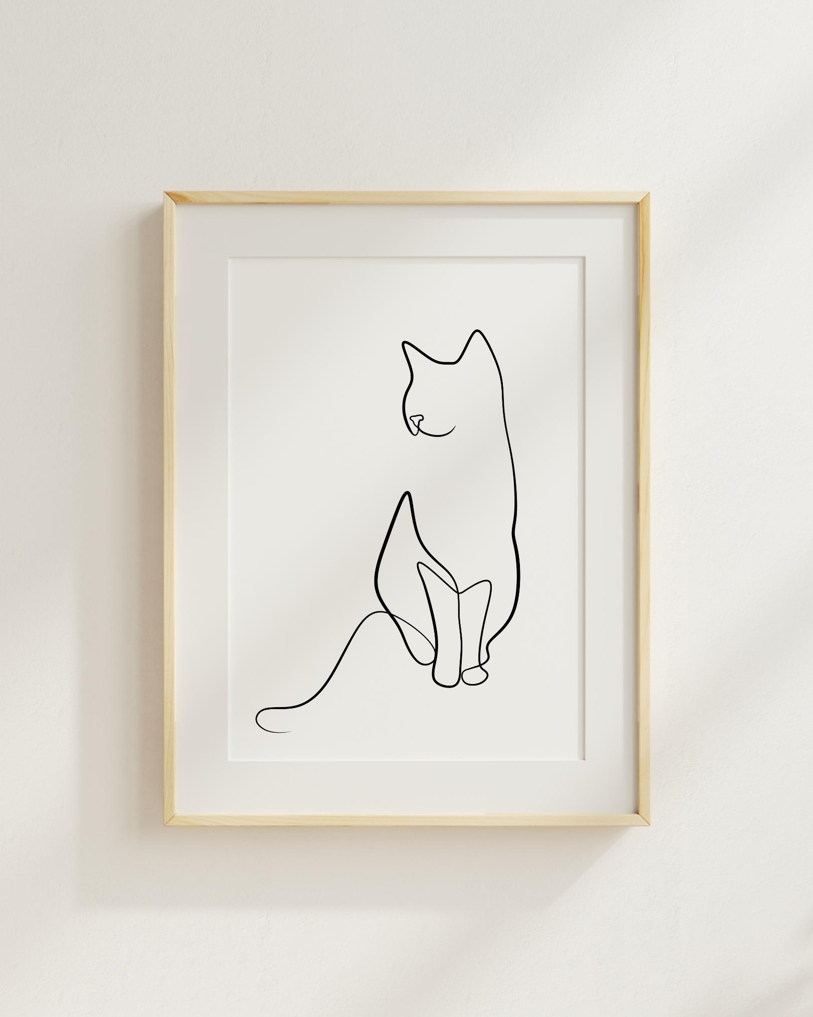 Minimalist Cat Line Art Print, Abstract Black and White (digital ...