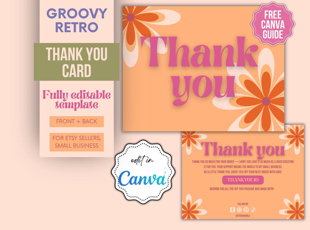 Groovy Retro Thank You Card Template, Editable Canva Small Business ...