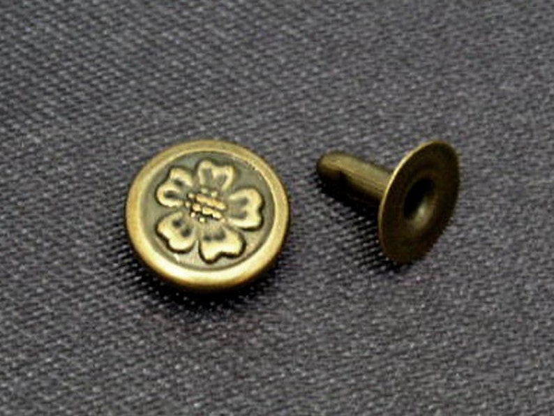 50sets 9mm Antique Brass VINTAGE Flower Rivet for Decorate Jean, Jacket ...