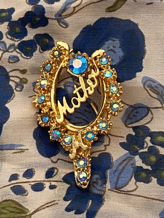 Vintage Mother Brooch with Blue AB Diamanté, Looking … - Gem