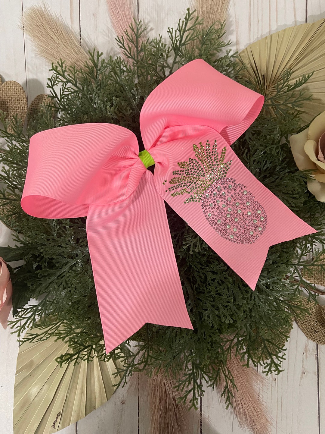 Pink Pineapple Jewel Appliqué Cheer Style Hair Bow Pink Lime Green ...