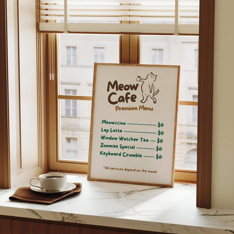 Feline Cat Barista Art,coffee Corner Art,retro Cat Café Menu,funny Cat ...