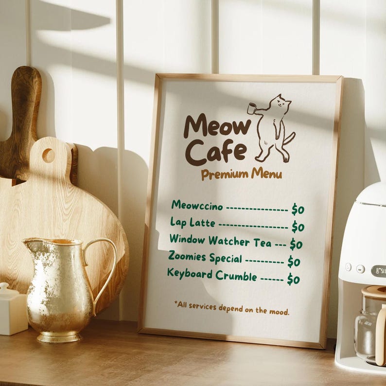 Feline Cat Barista Art,coffee Corner Art,retro Cat Café Menu,funny Cat ...
