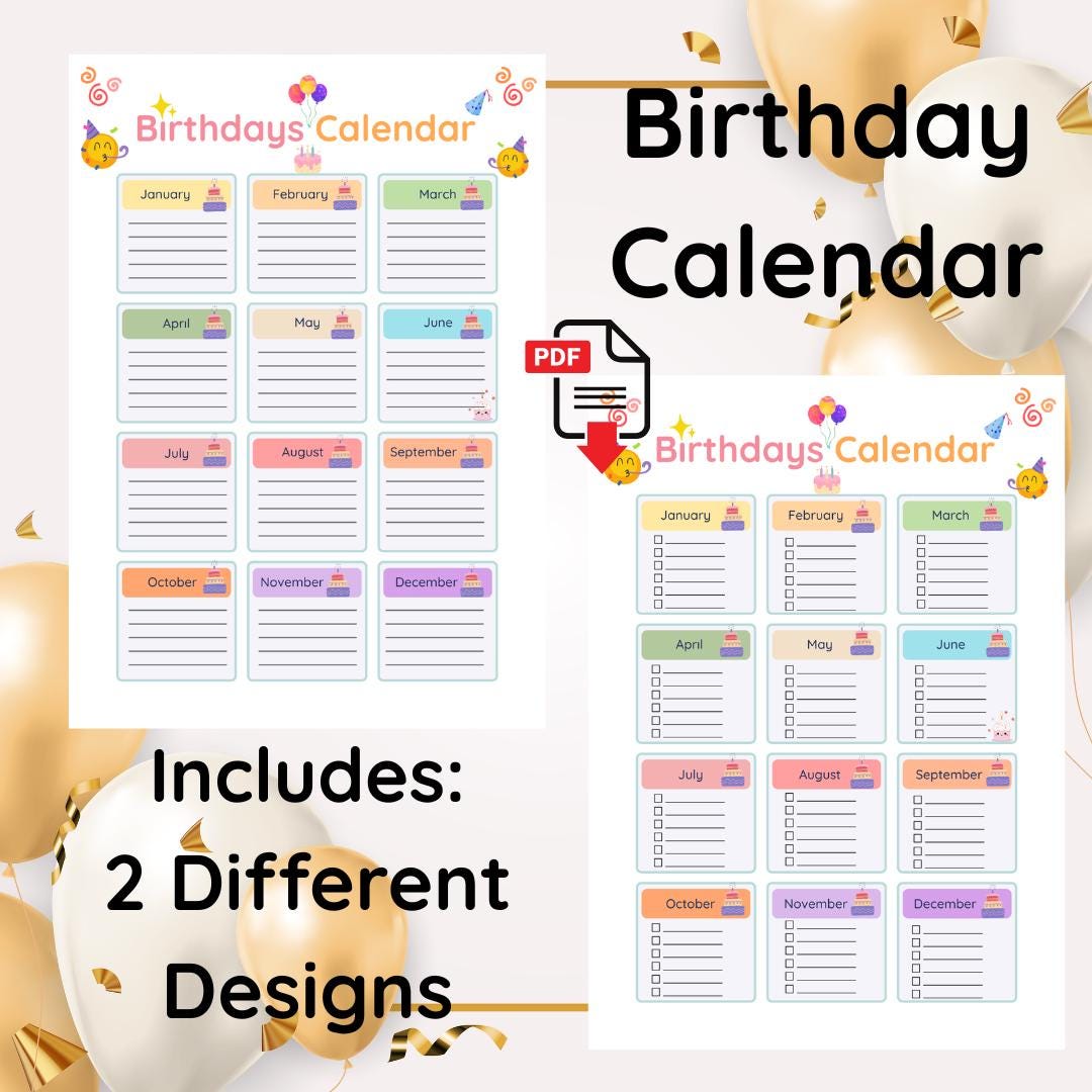 Birthday Calendar Printable, Birthday List PDF, Calendar Printable ...