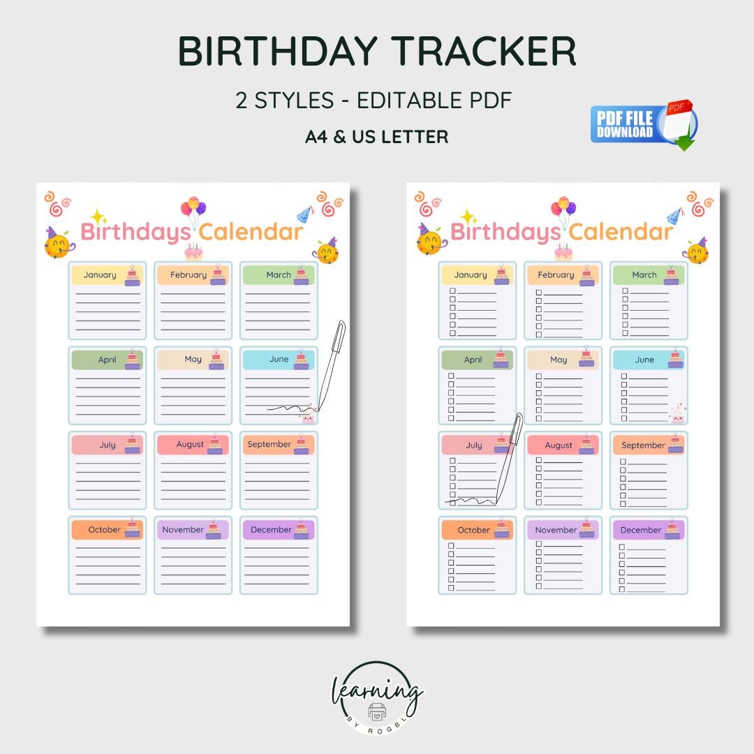 Editable PDF Birthday Calendar, Birthday Tracker Printable Template ...