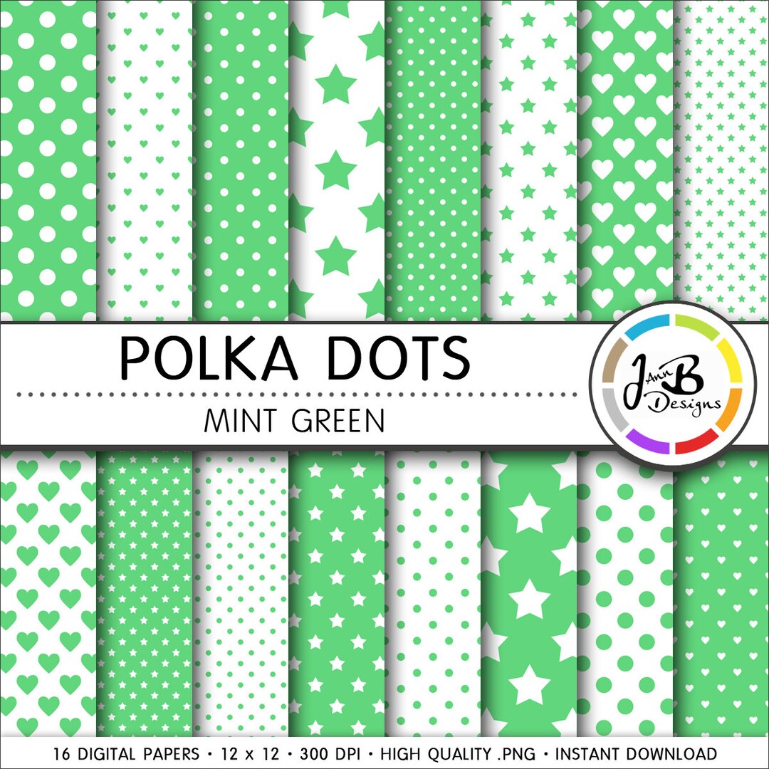 Polka Dots Digital Paper, Mint Green, Green, Dots, Hearts, Stars ...