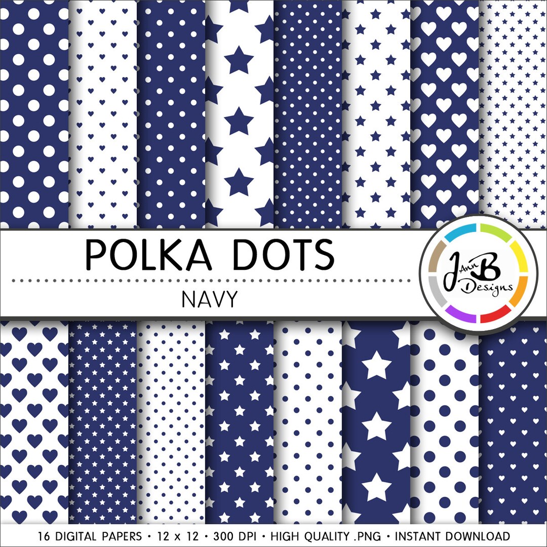 Polka Dots Digital Paper, Navy, Blue, White, Dots, Hearts, Stars ...