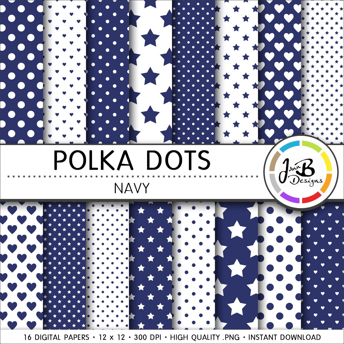 Polka Dots Digital Paper, Navy, Blue, White, Dots, Hearts, Stars ...