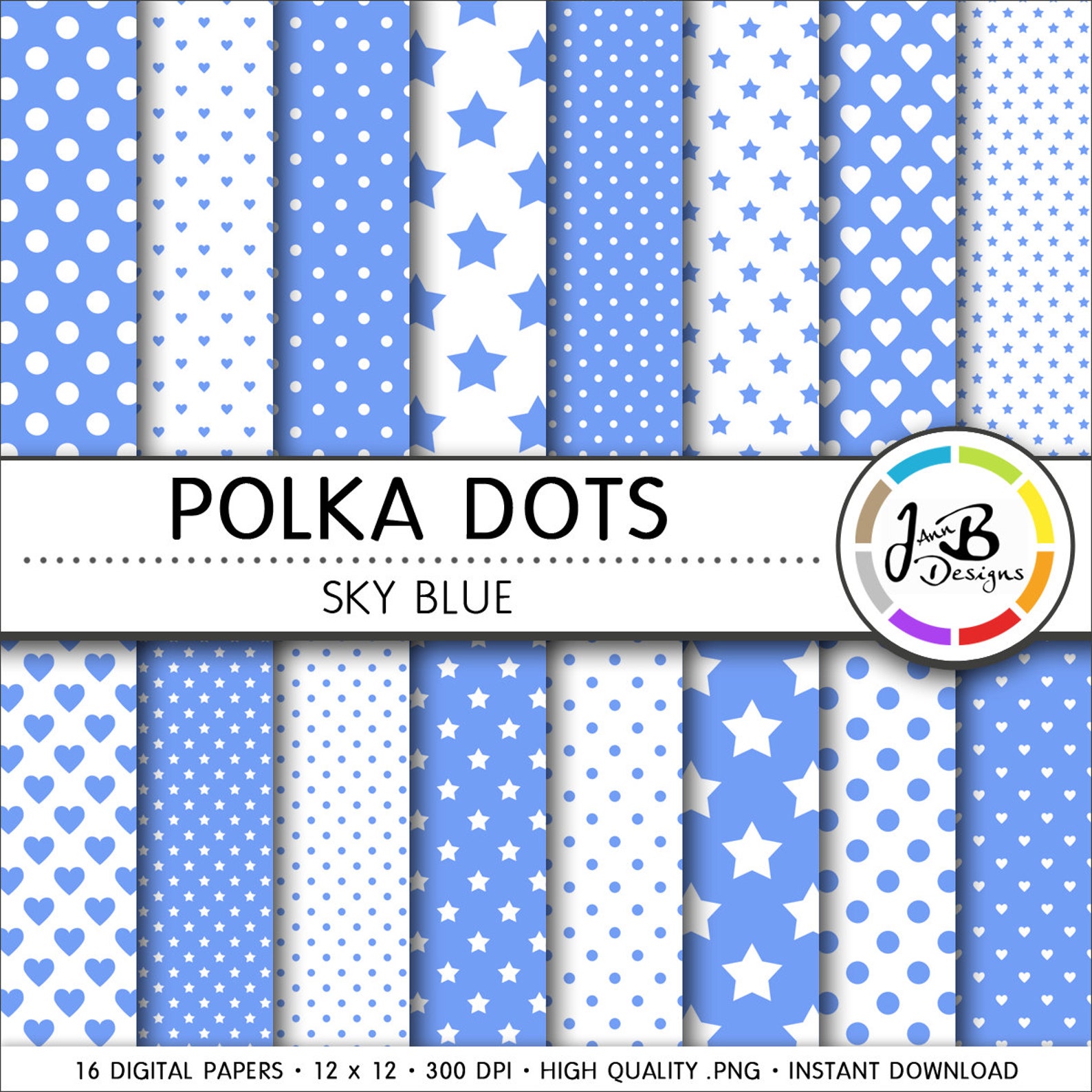 Polka Dots Digital Paper, Sky Blue, Blue, White, Dots, Hearts, Stars ...