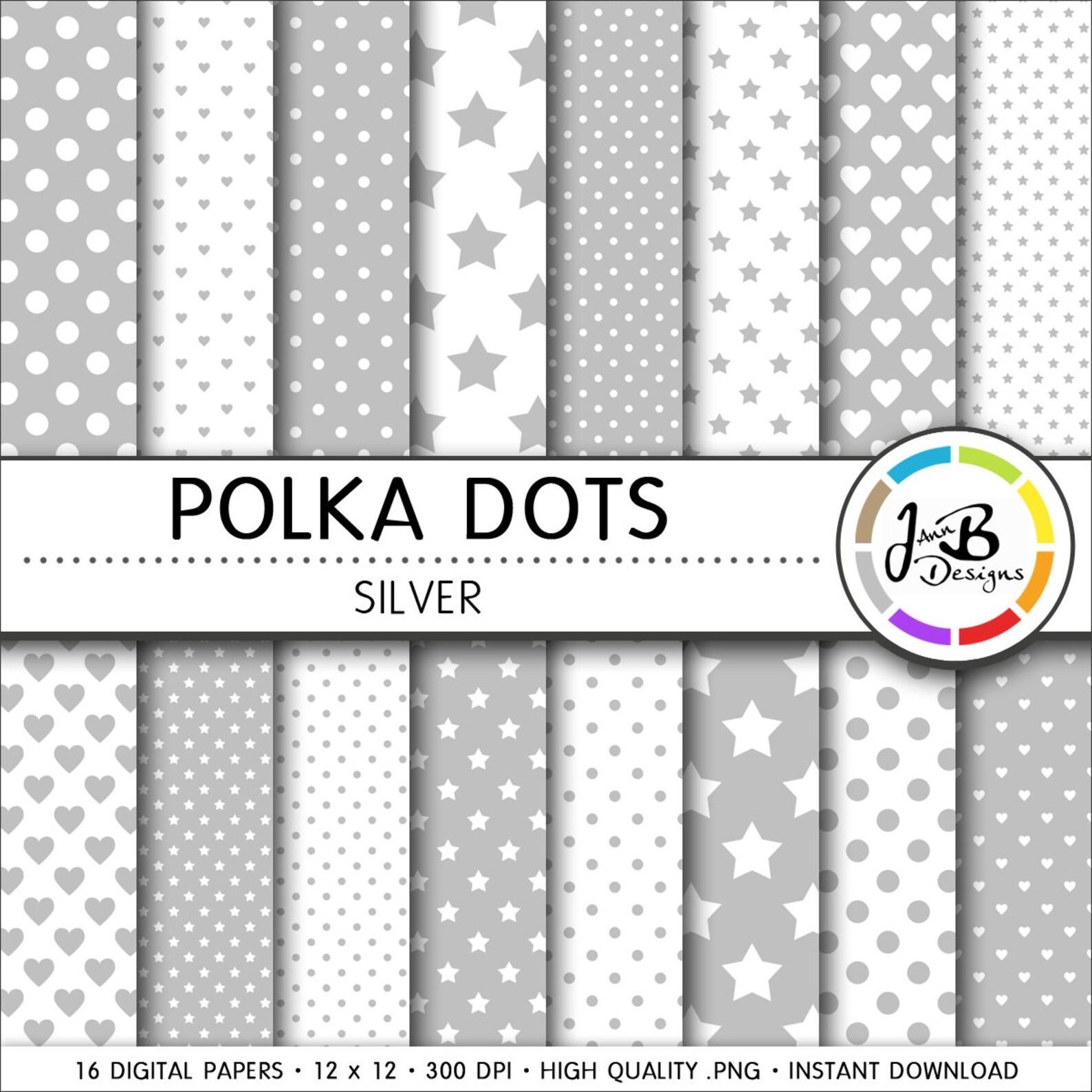 Polka Dots Digital Paper, Silver, Gray, White, Dots, Hearts, Stars ...