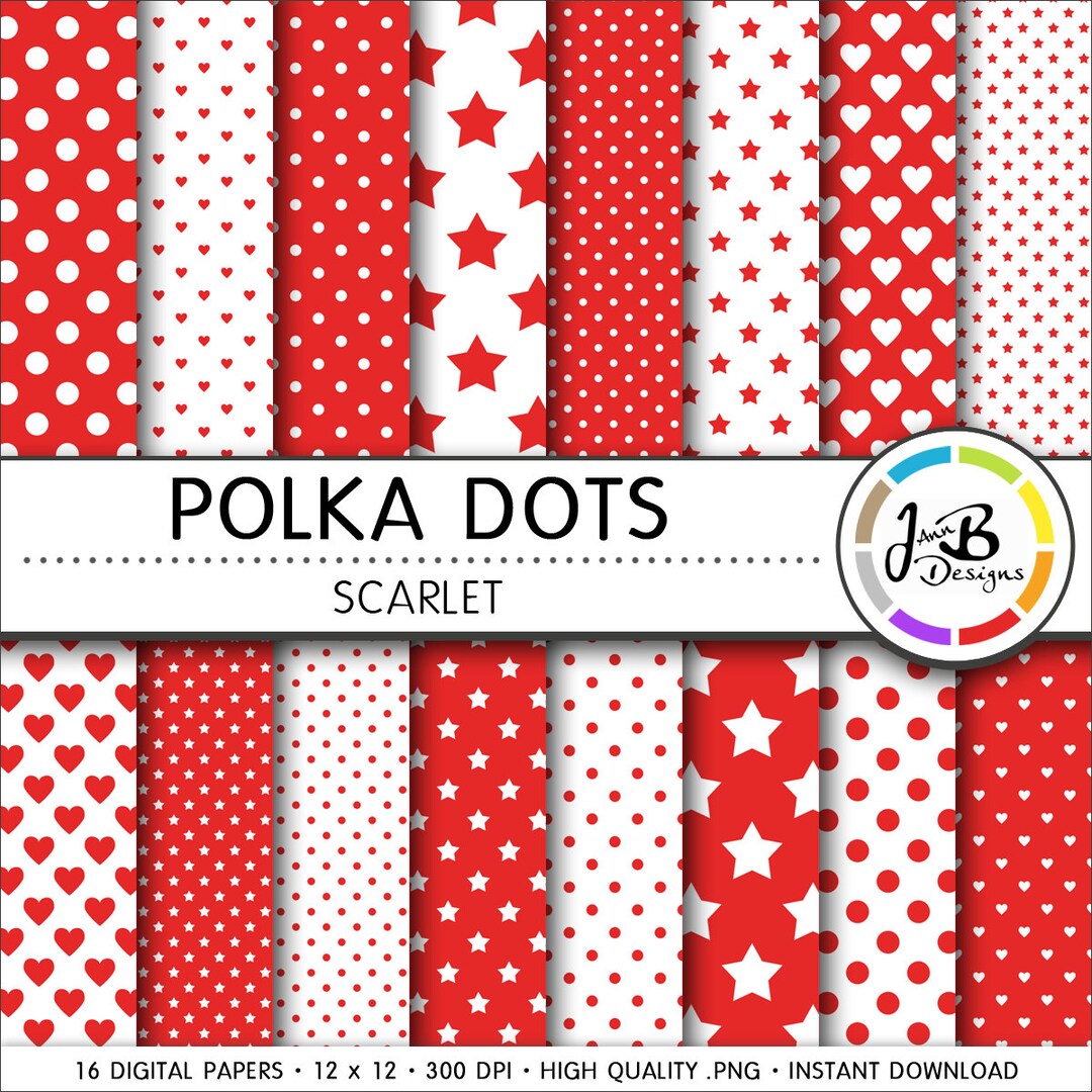 Polka Dots Digital Paper, Scarlet, Red, White, Dots, Hearts, Stars ...
