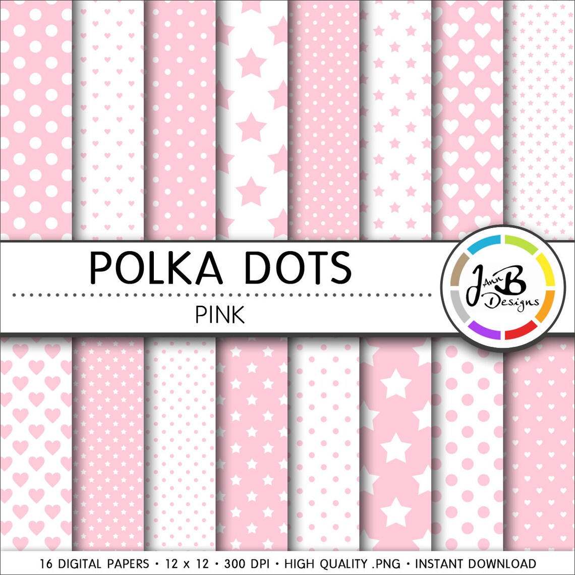 Polka Dots Digital Paper, Light Pink, Pink, White, Dots, Hearts, Stars ...