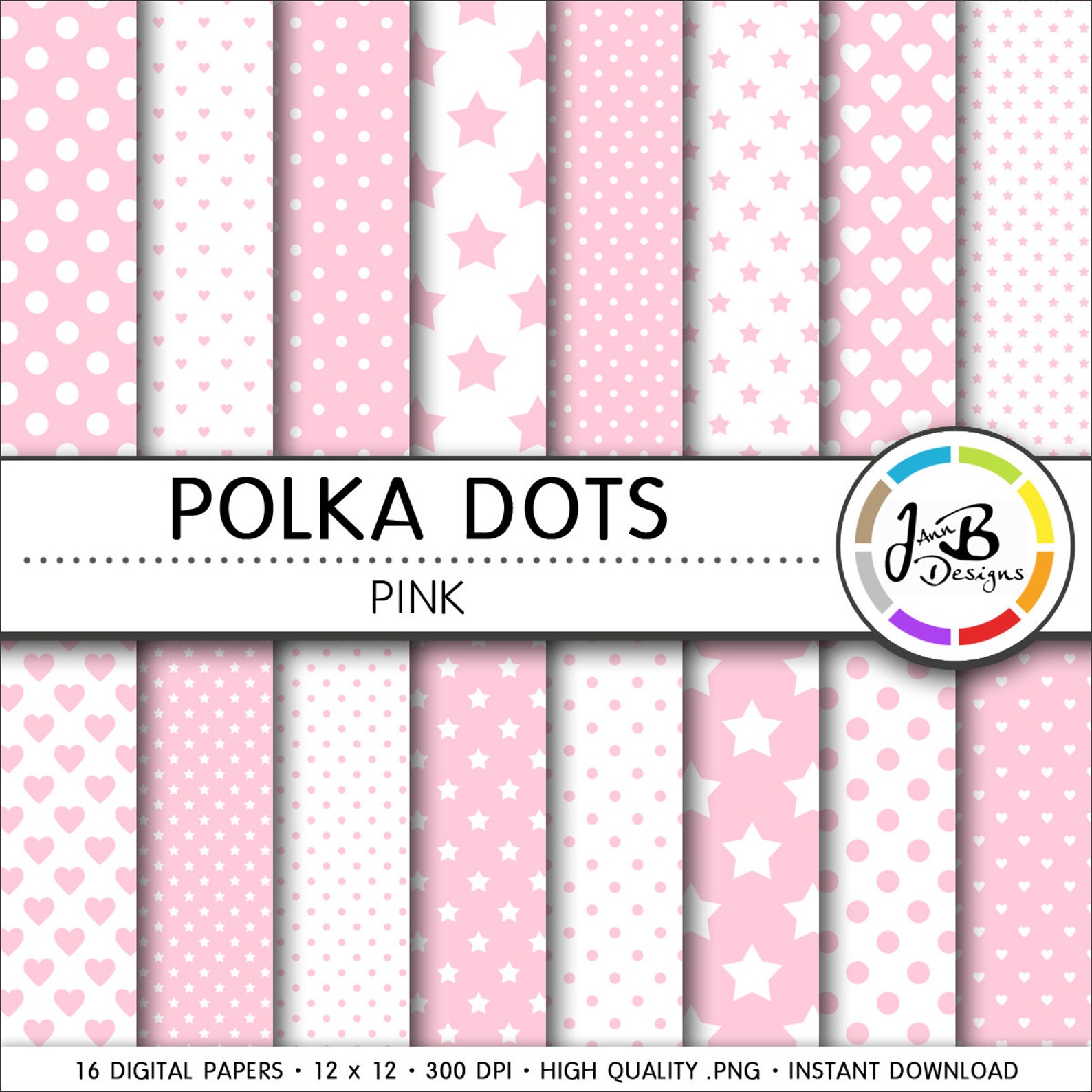 Polka Dots Digital Paper, Light Pink, Pink, White, Dots, Hearts, Stars ...
