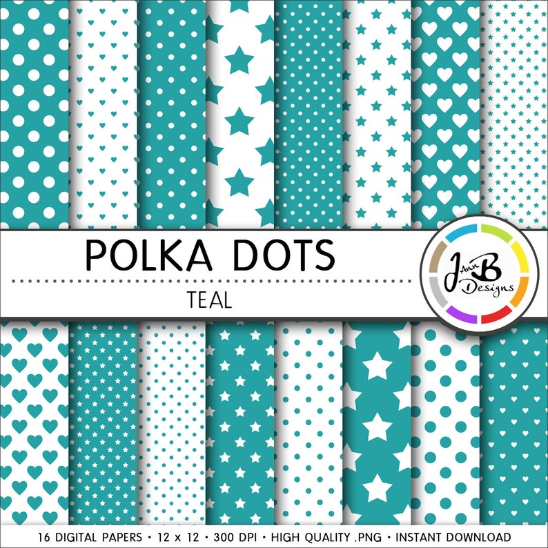 Polka Dots Digital Paper, Teal, Blue, White, Dots, Hearts, Stars ...
