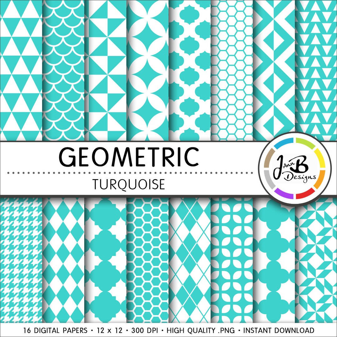 Geometic Digital Paper, Turquoise, Blue, White, Tribal, Tiangles ...