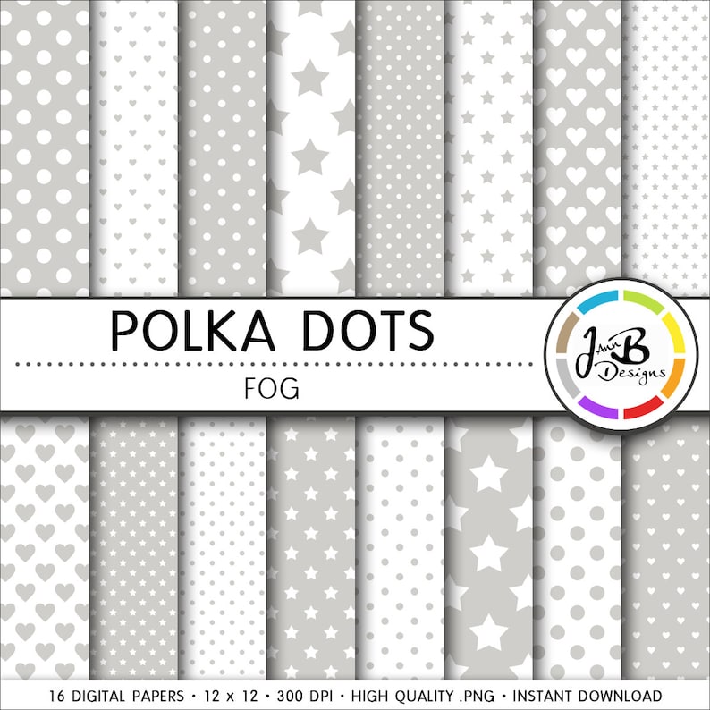 Polka Dots Digital Paper, Fog, Gray, White, Dots, Hearts, Stars ...