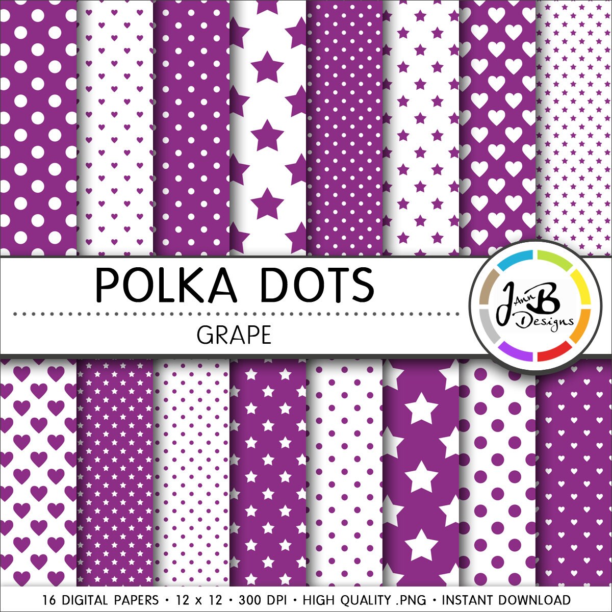 Polka Dots Digital Paper, Grape, Purple, White, Dots, Hearts, Stars ...
