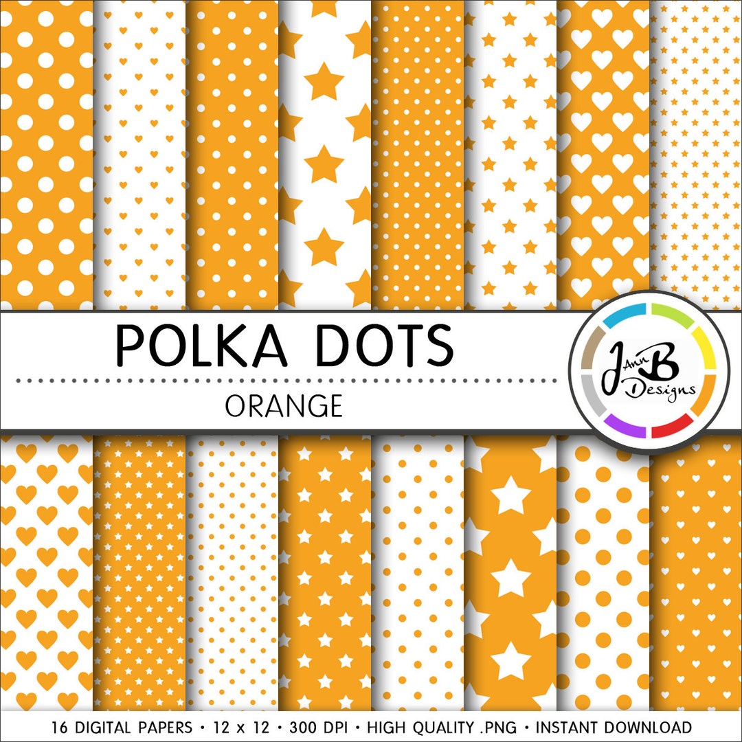 Polka Dots Digital Paper, Orange, White, Dots, Hearts, Stars, Digital ...