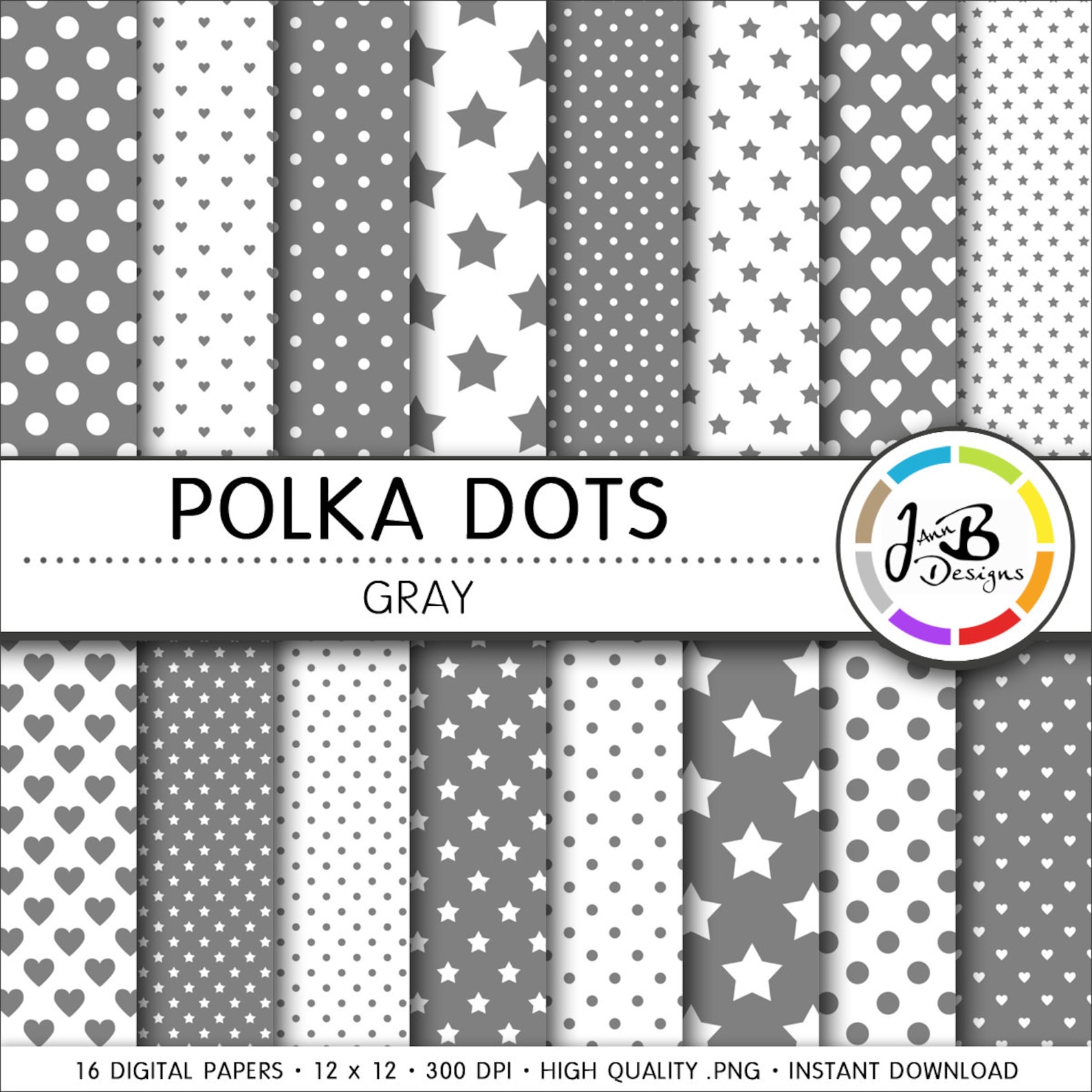Polka Dots Digital Paper, Gray, Gray and White, Dots, Hearts, Stars ...