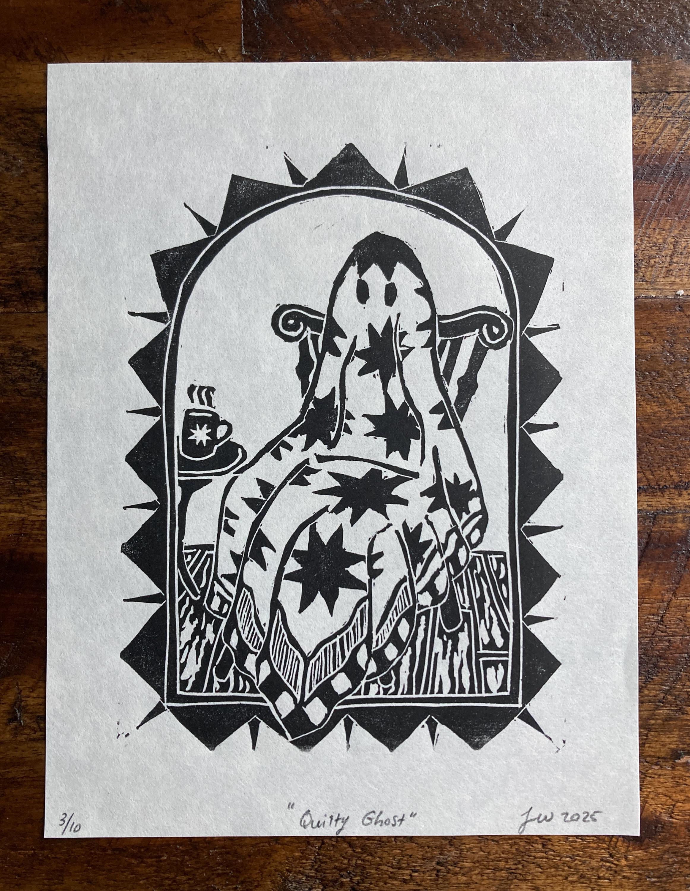 Quilty Ghost | Handmade Linocut Relief Print of Ghost With Quilt - Etsy