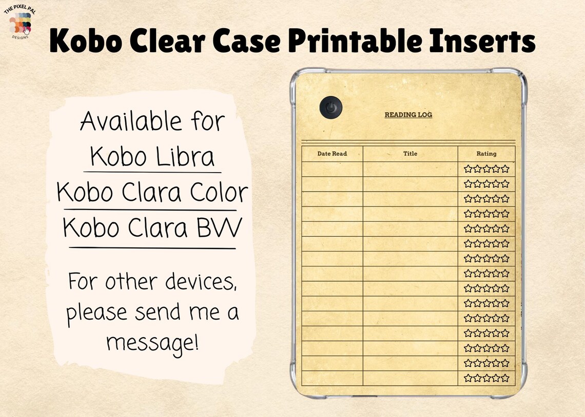 Kobo Reading Log Printable Insert | Digital Download | Clear Case ...