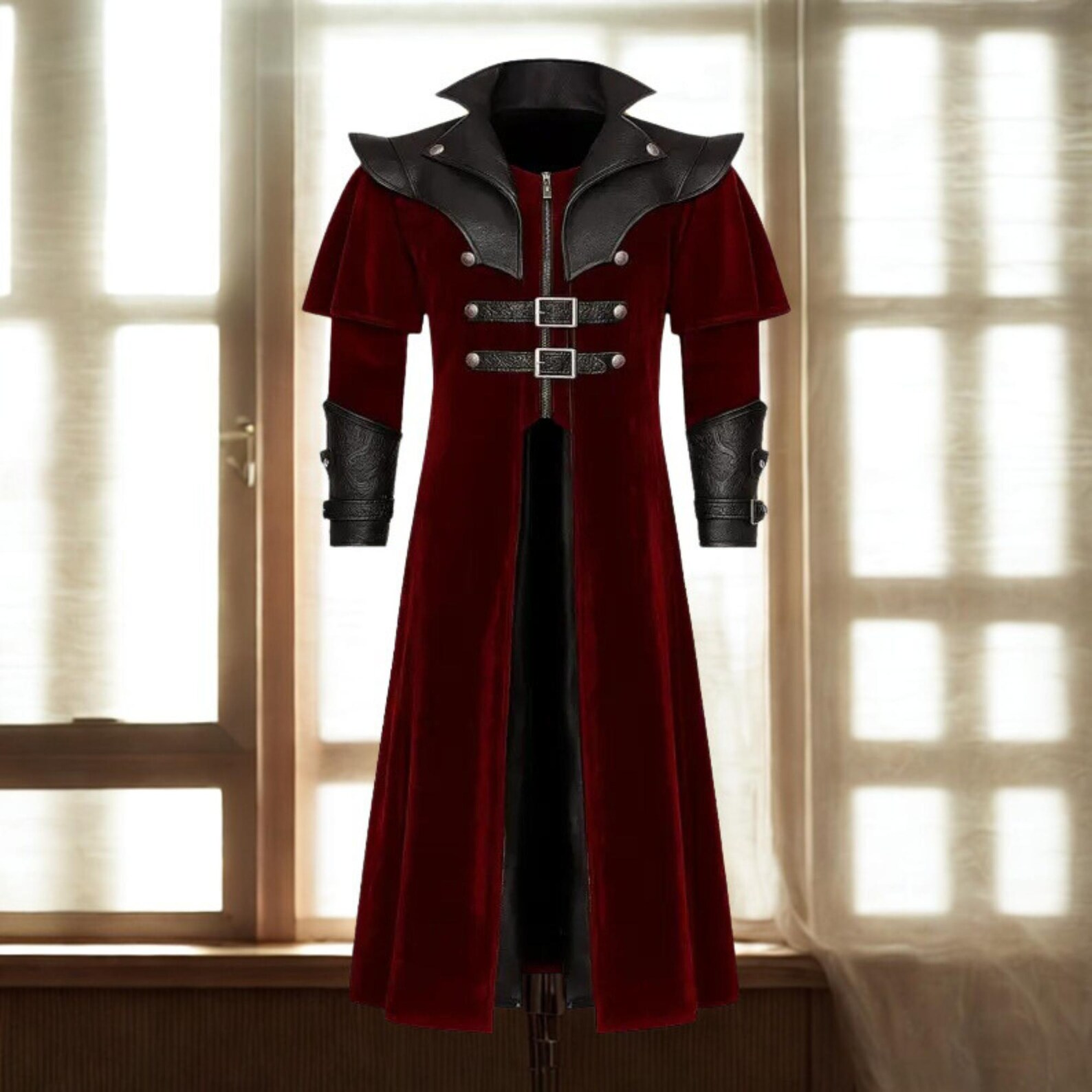 Red Velvet Gothic Trench Coat: Handmade Vampire Steampunk Overcoat ...