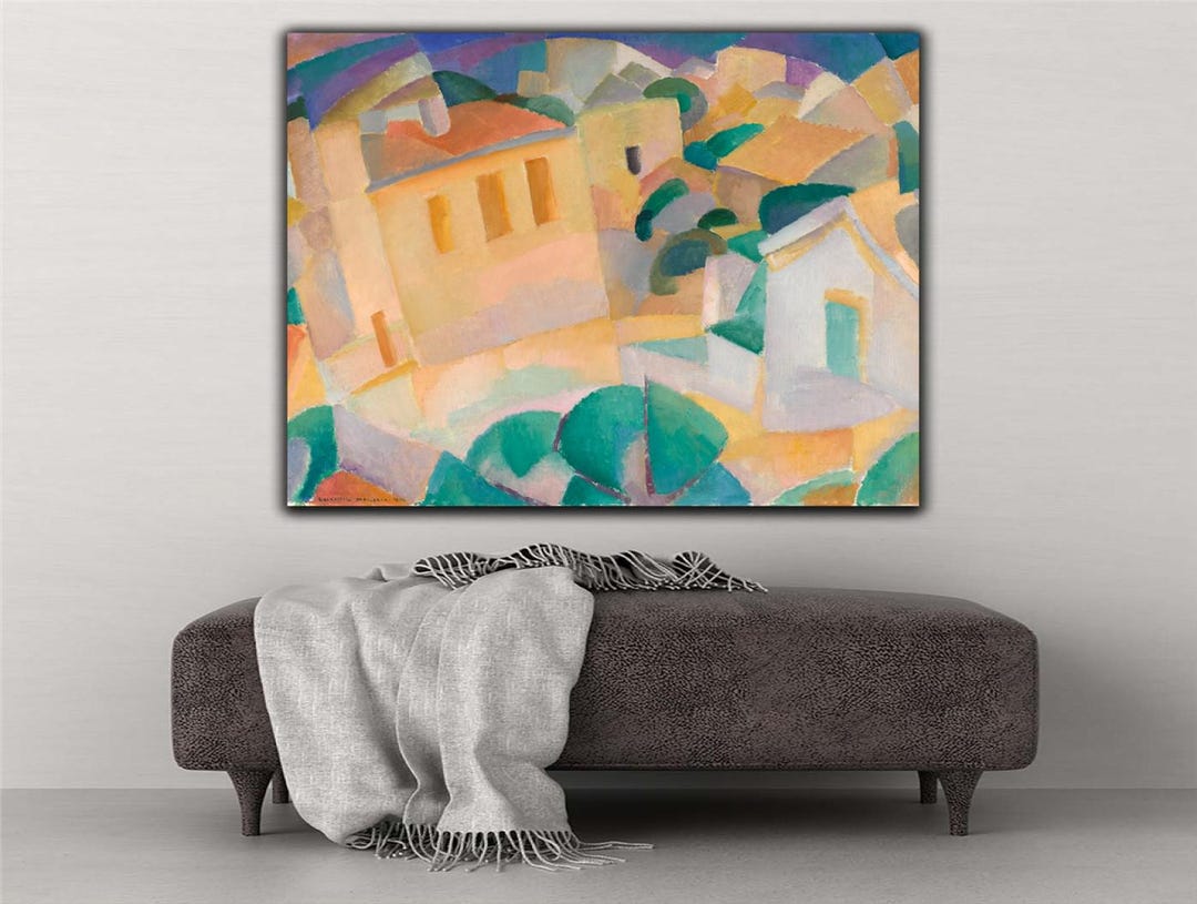 Colorful Cubist Landscape Canvas Wall Art, Modern Abstract Village ...