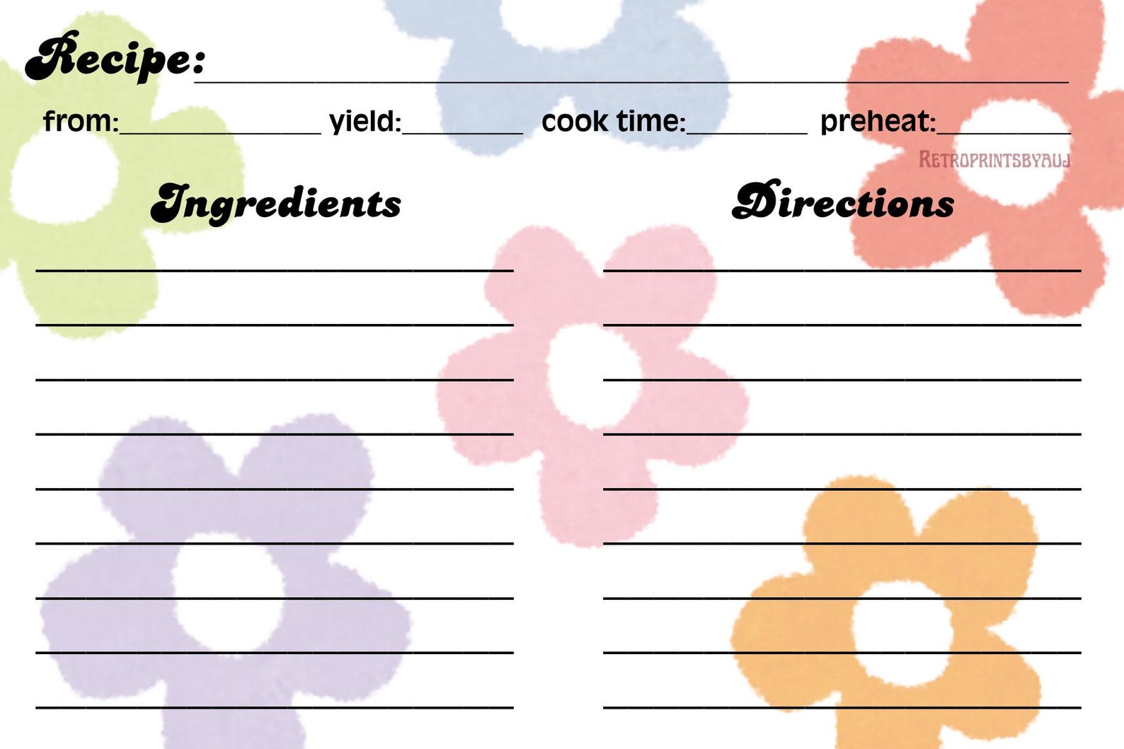 Retro Flower Recipe Card Digital Download - Etsy